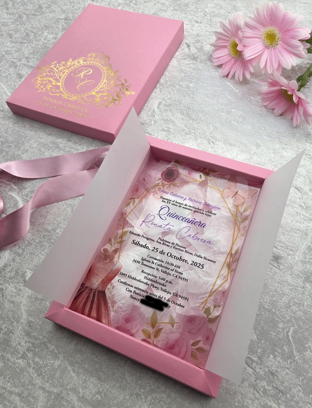 Luxury Pink Box Quinceañera Invitation: Acrylic With Rose Petals - Etsy