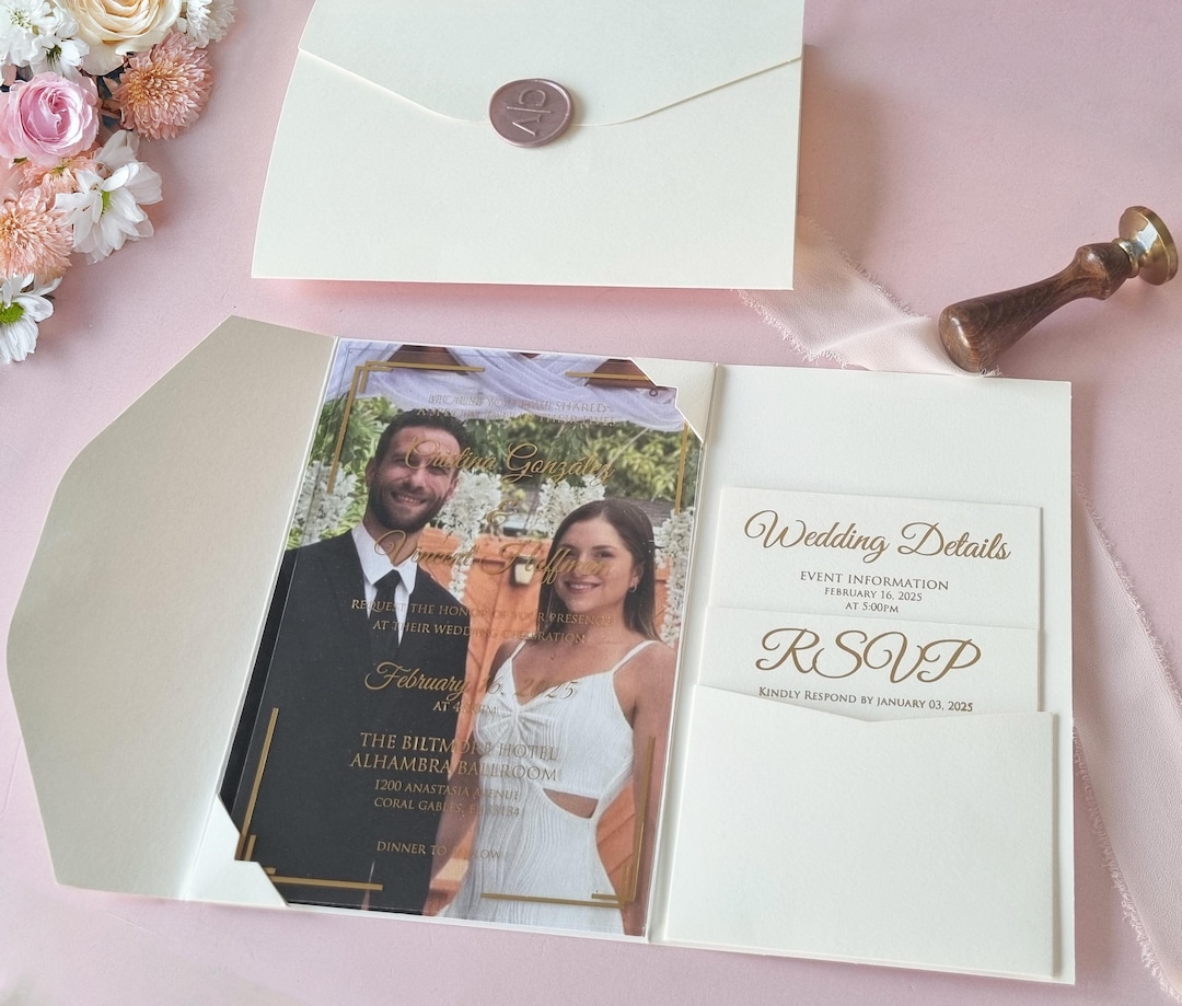 Gold Acrylic Wedding Invitation Set, Ivory Tri-fold Envelope, QR Code ...