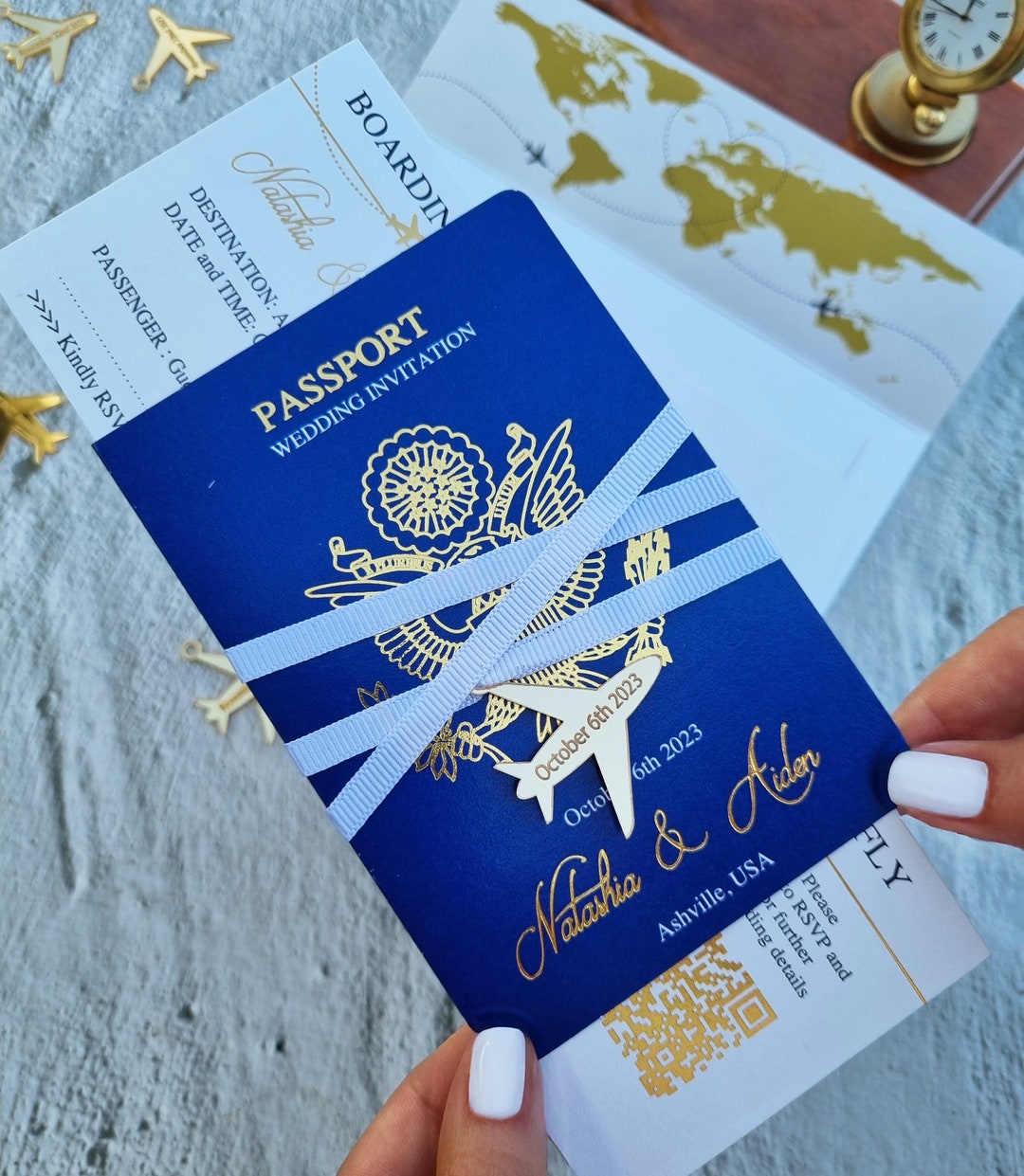 Navy Blue Passport Wedding Invitation: Destination Wedding With RSVP QR ...