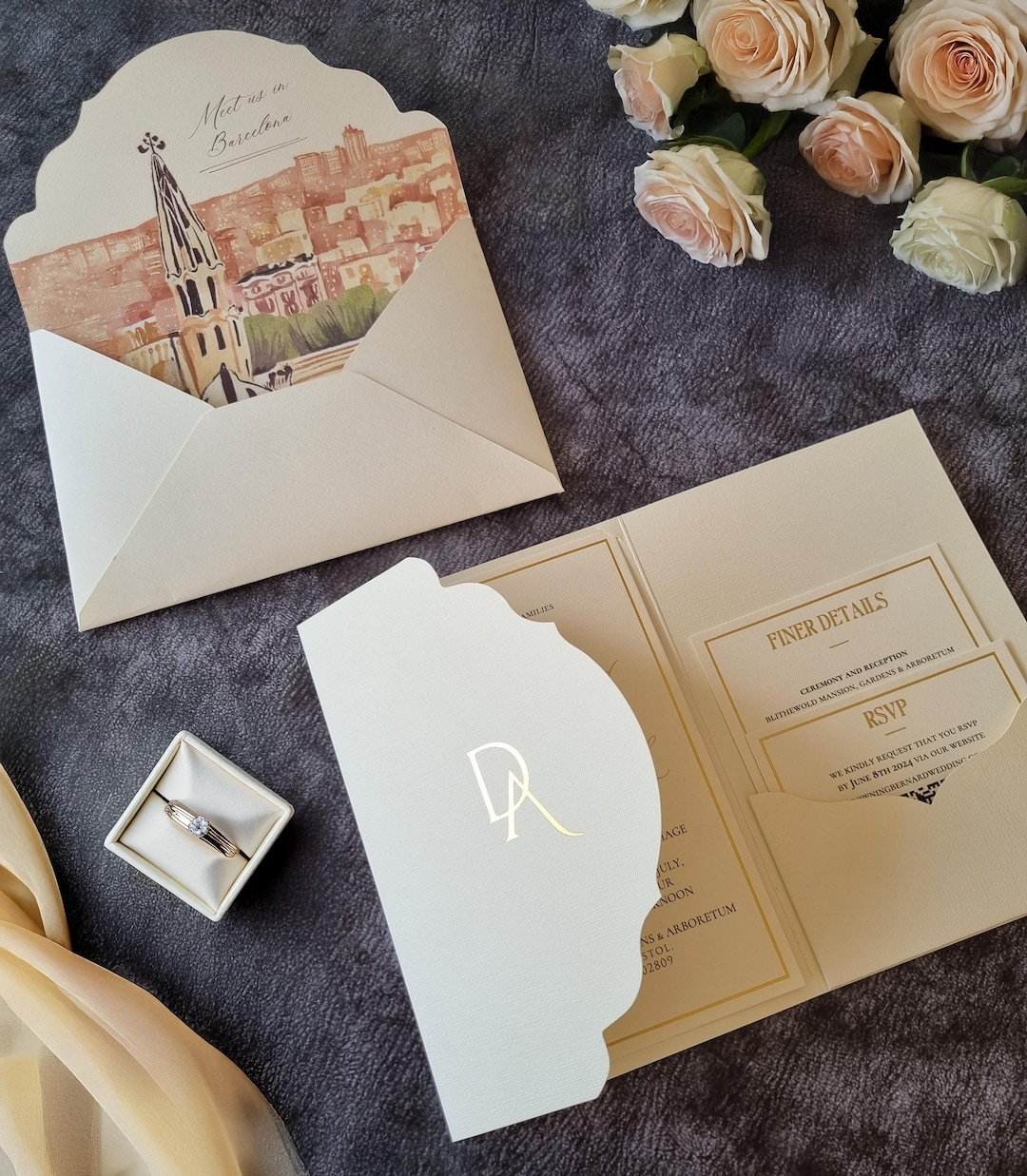 Elegant Custom Pocket Tri‑fold Wedding Invitation Set | Linen Ivory ...