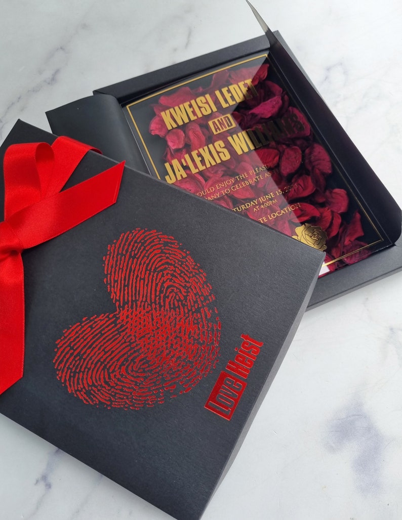 Personalized Black Box Wedding Invitation: Red Glitter, Gold Foil ...