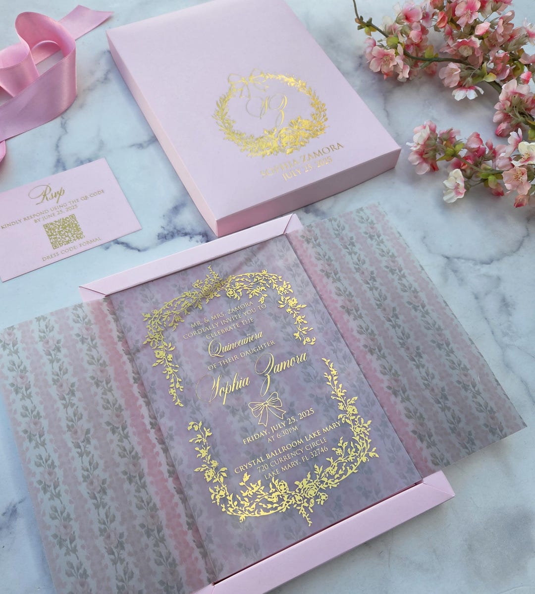 Love Shack Fancy Invitation, Vellum Jackets Pink Floral Acrylic ...