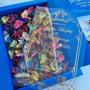 Personalized Royal Blue Box Wedding Invitation, Mix Petals, Gold Foil ...