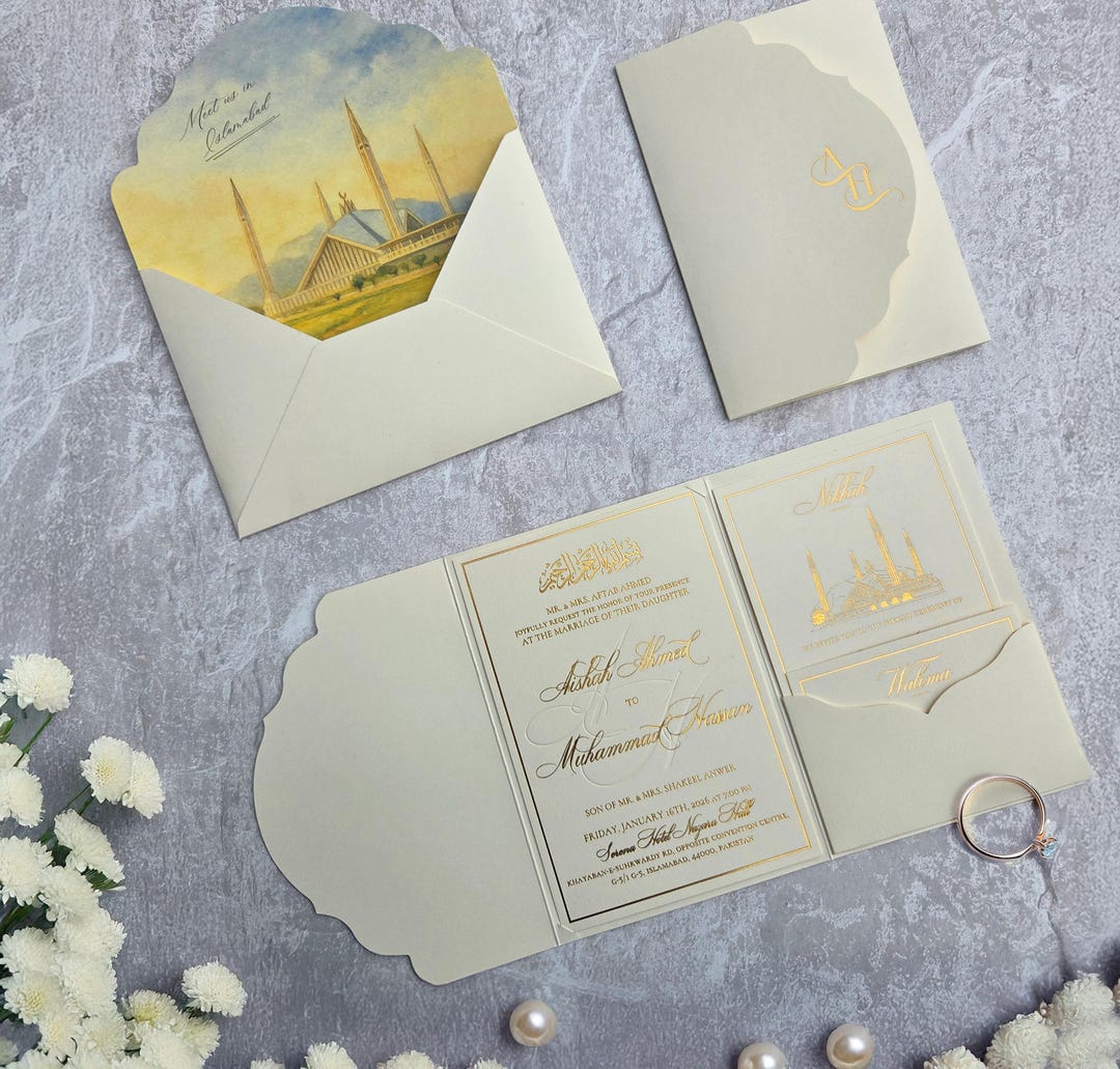 Luxury Islamic Wedding Invitation Set, Paper Nikkah Invites With Gold ...