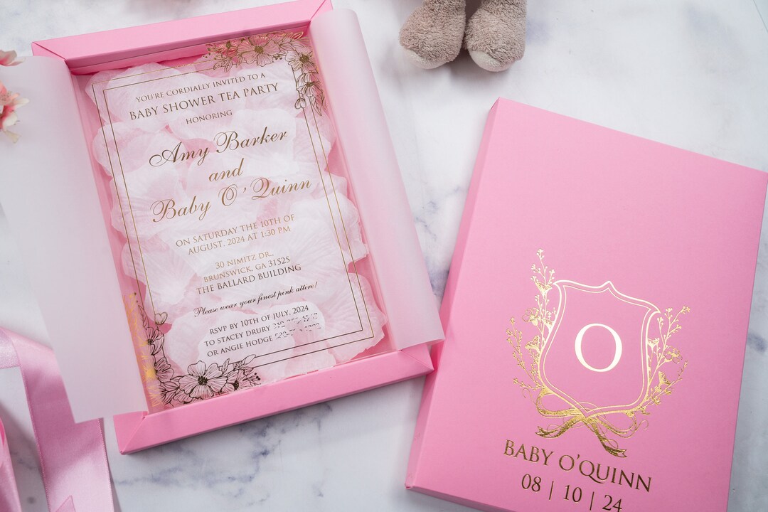 Baby Shower Pink Box Invitation: Gold Print Acrylic Card & White Petals ...