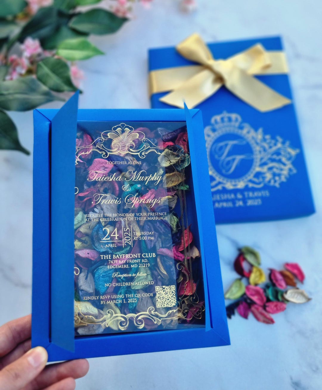 Personalized Royal Blue Box Wedding Invitation, Mix Petals, Gold Foil ...