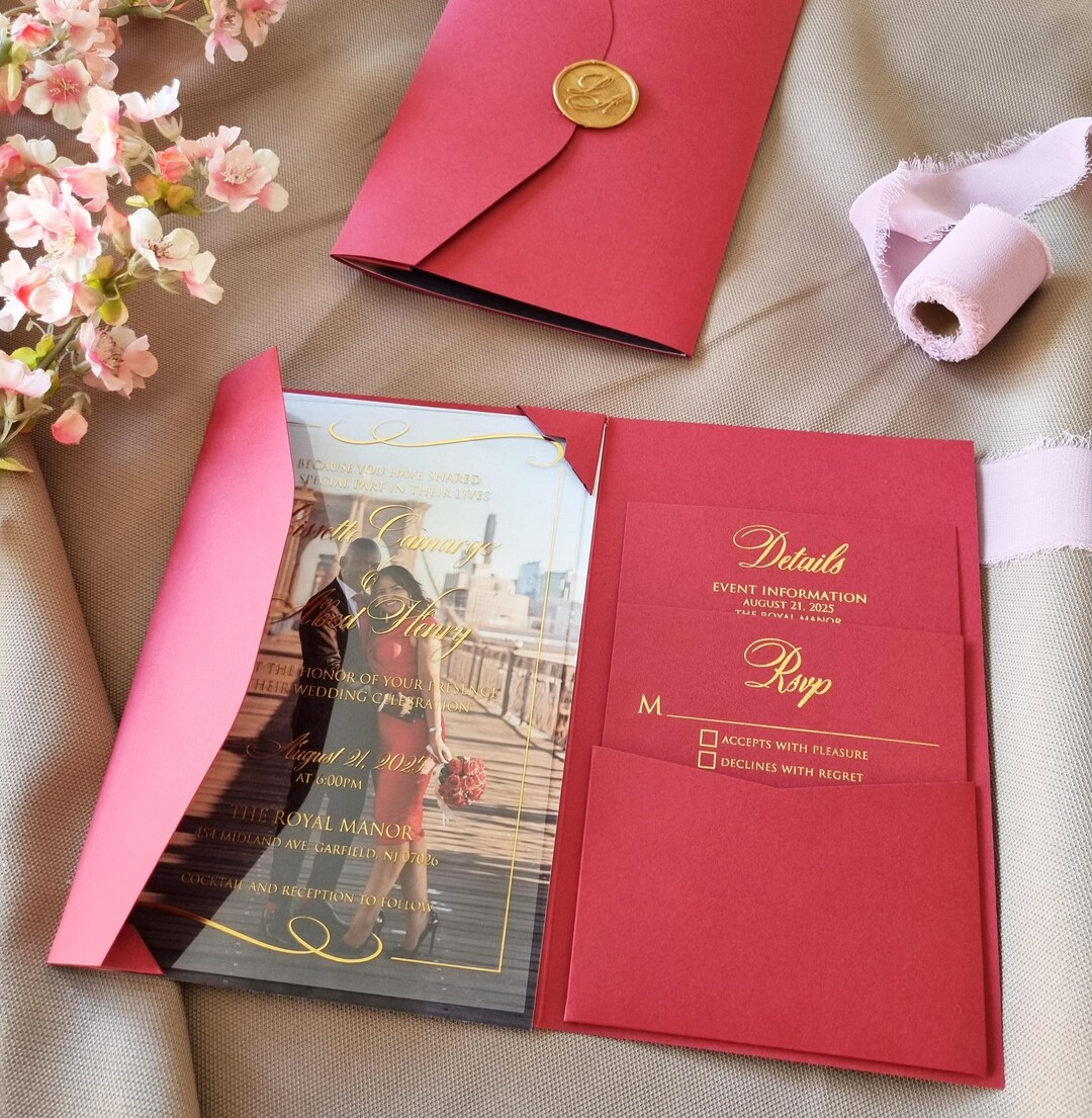 Burgundy Wedding Invitation Suit, Photo and Acrylic Invitation Card ...