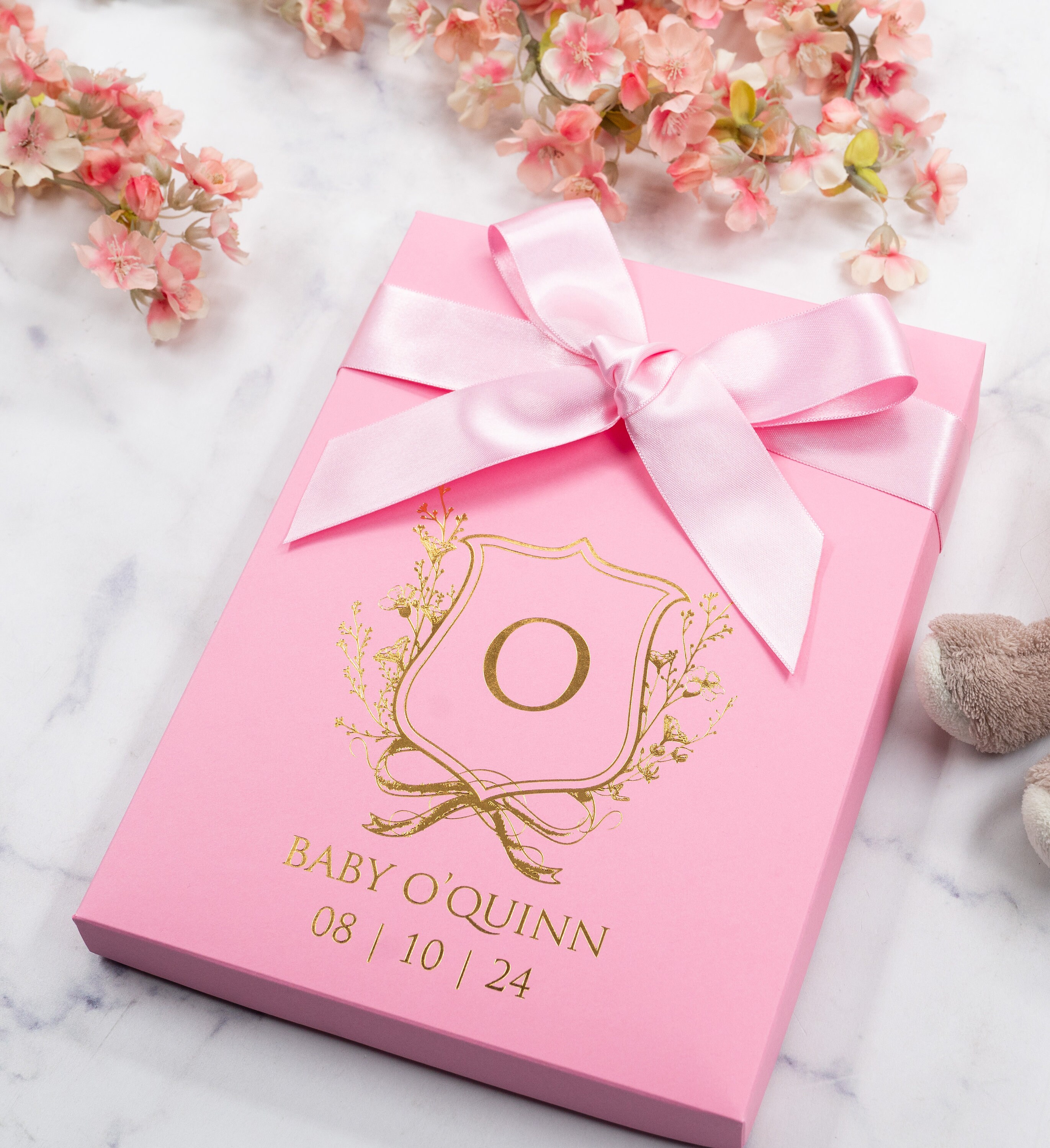 Baby Shower Pink Box Invitation: Gold Print Acrylic Card & White Petals ...