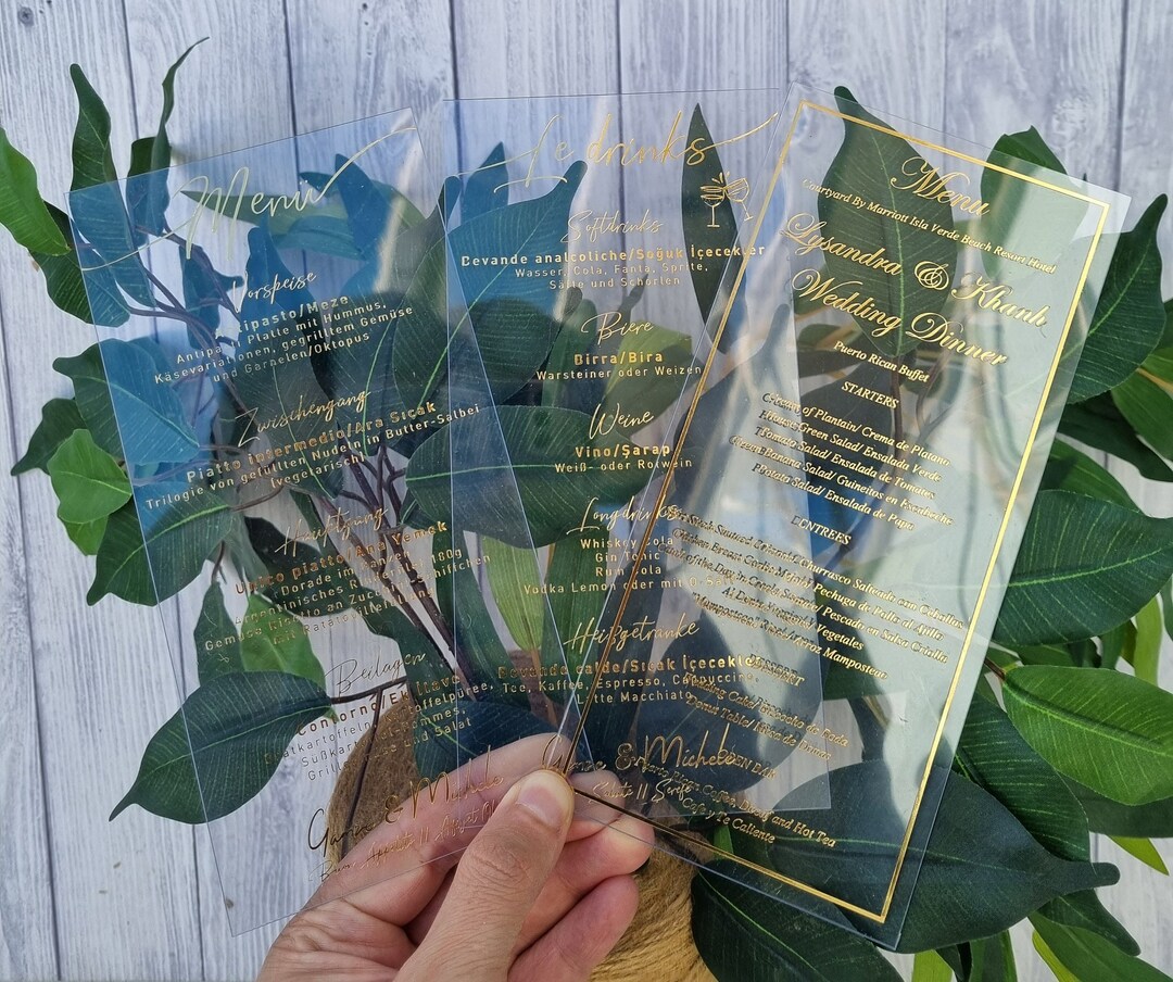 Clear Acrylic Wedding Menu: Gold Foil Print, Modern Reception, Silver ...