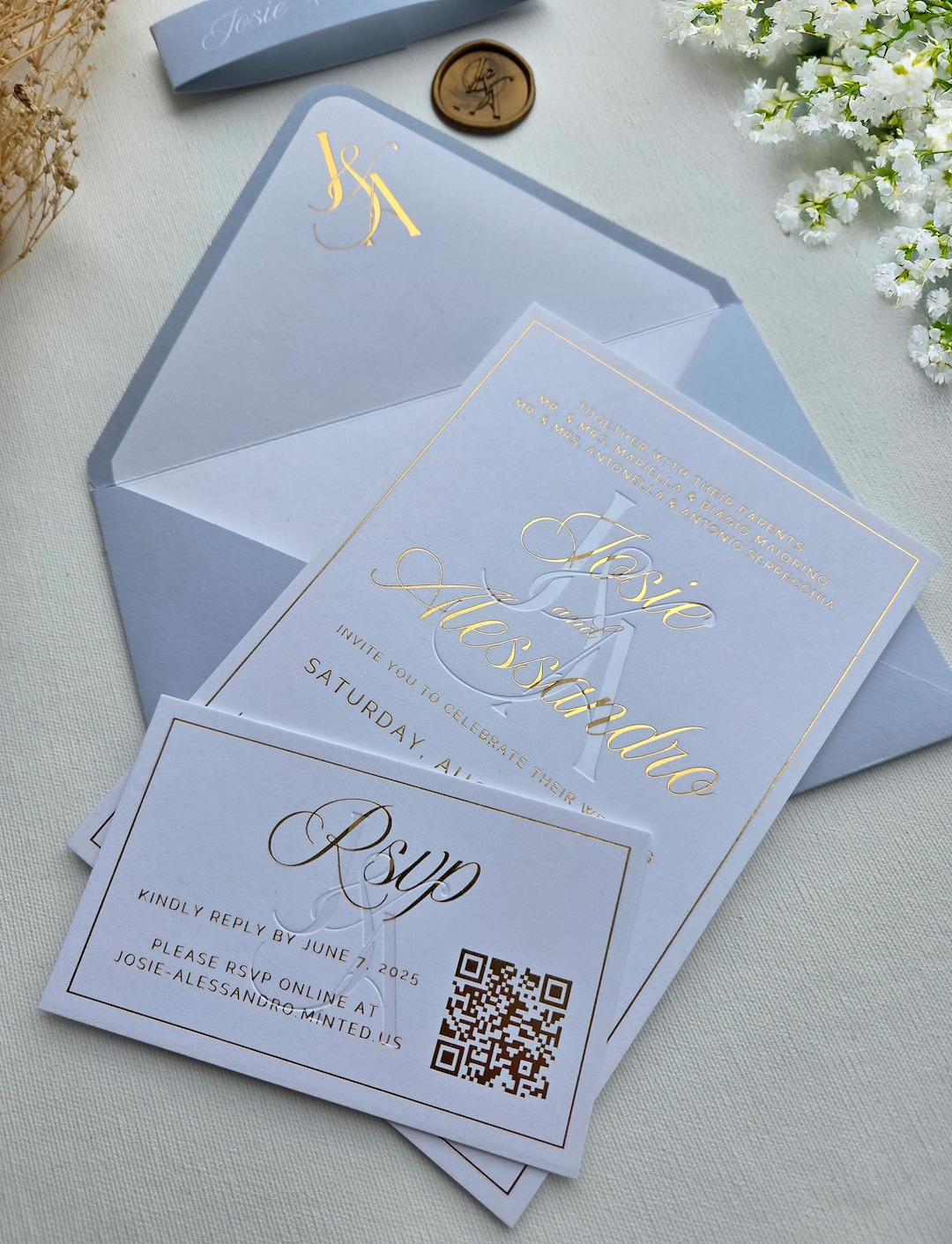 Embossed Wedding Invitation Set: Light Blue Envelope, Customizable ...