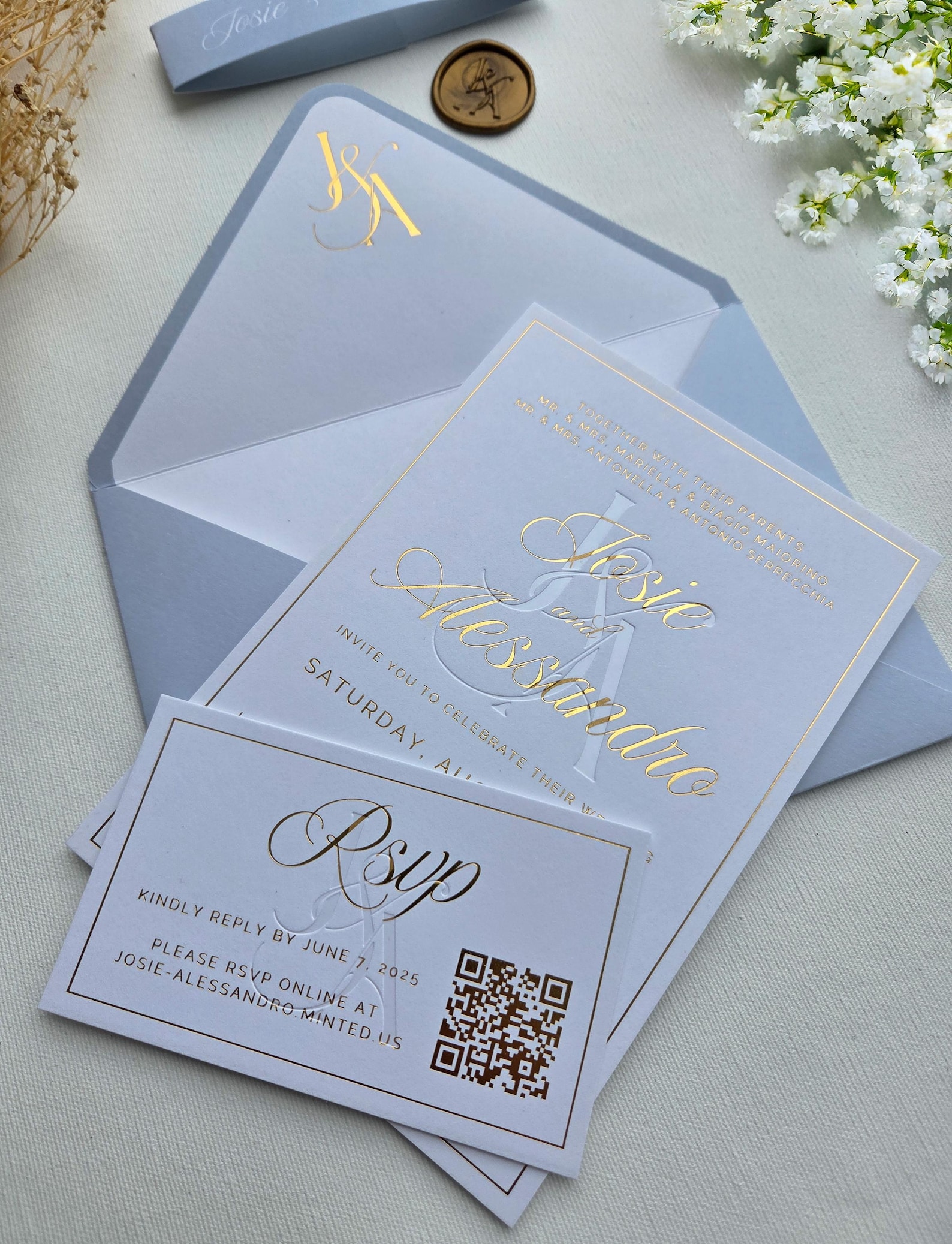 Embossed Wedding Invitation Set: Light Blue Envelope, Customizable ...