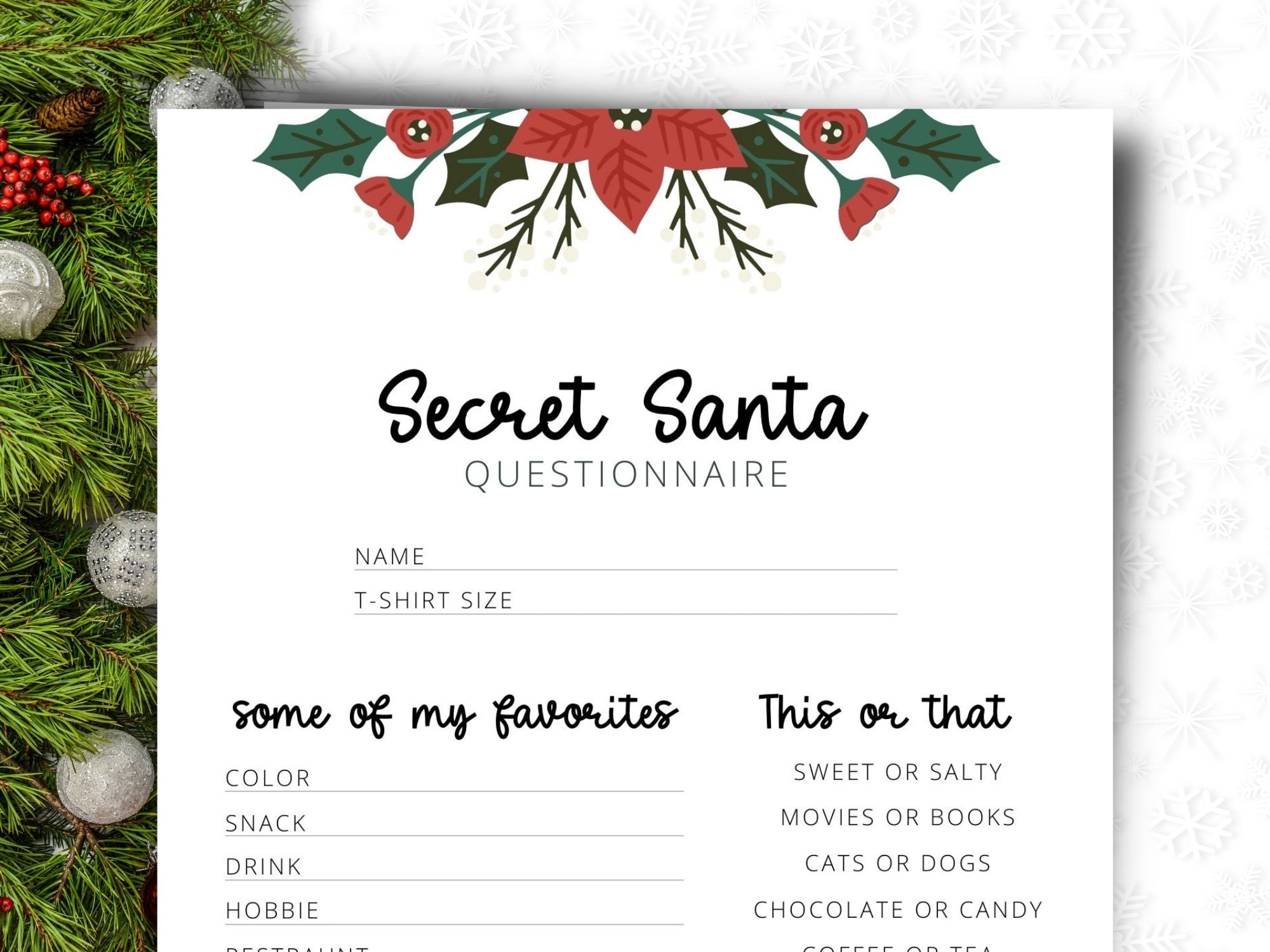 Secret Santa Questionnaire, Christmas Gift List, Holiday Wishlist ...