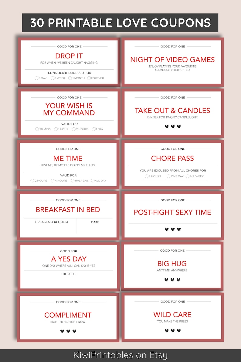 30 Fun Love Coupon Book, Valentines Day Coupons, Love Coupons, Gift for ...