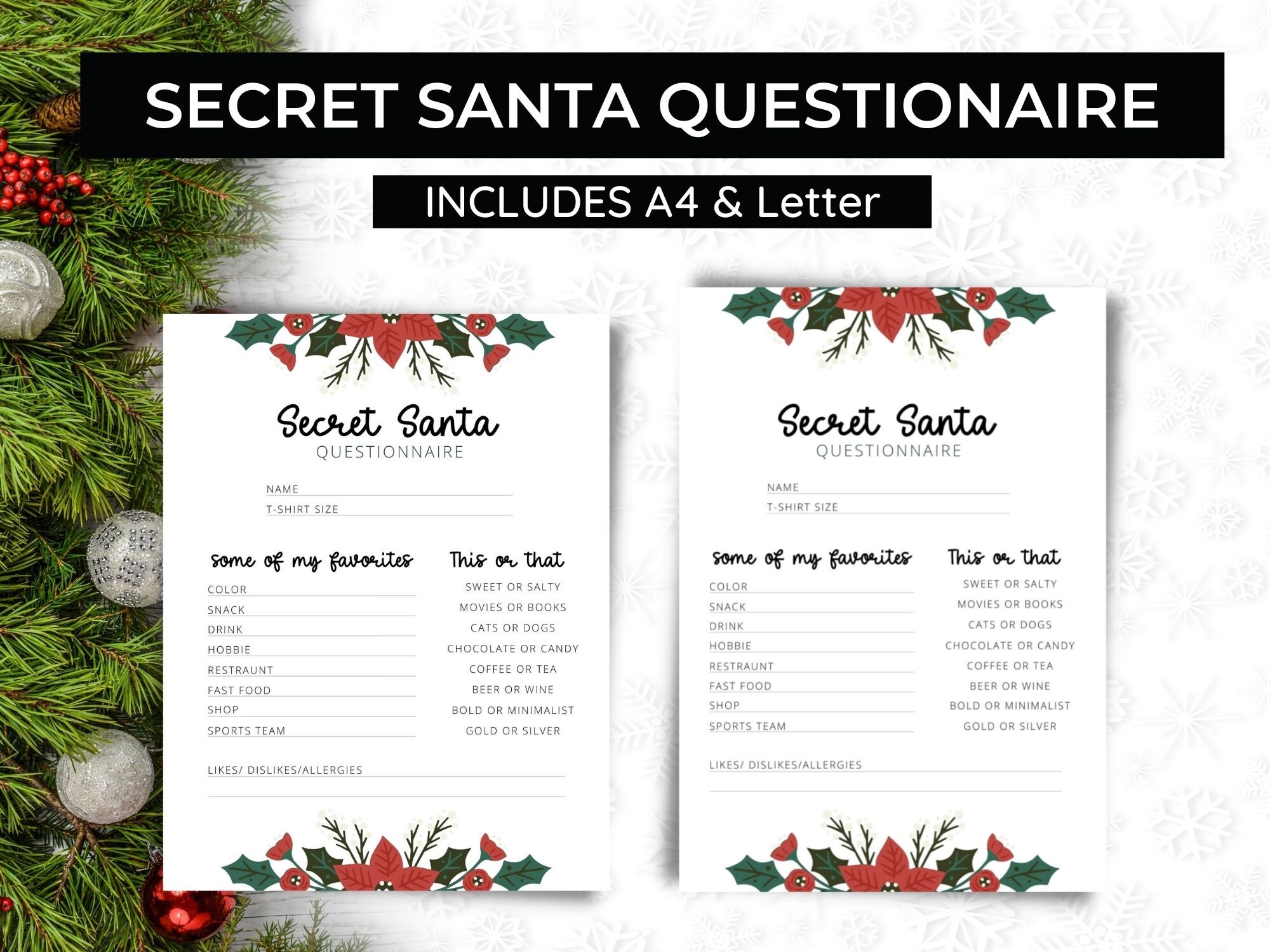 Secret Santa Questionnaire, Christmas Gift List, Holiday Wishlist ...