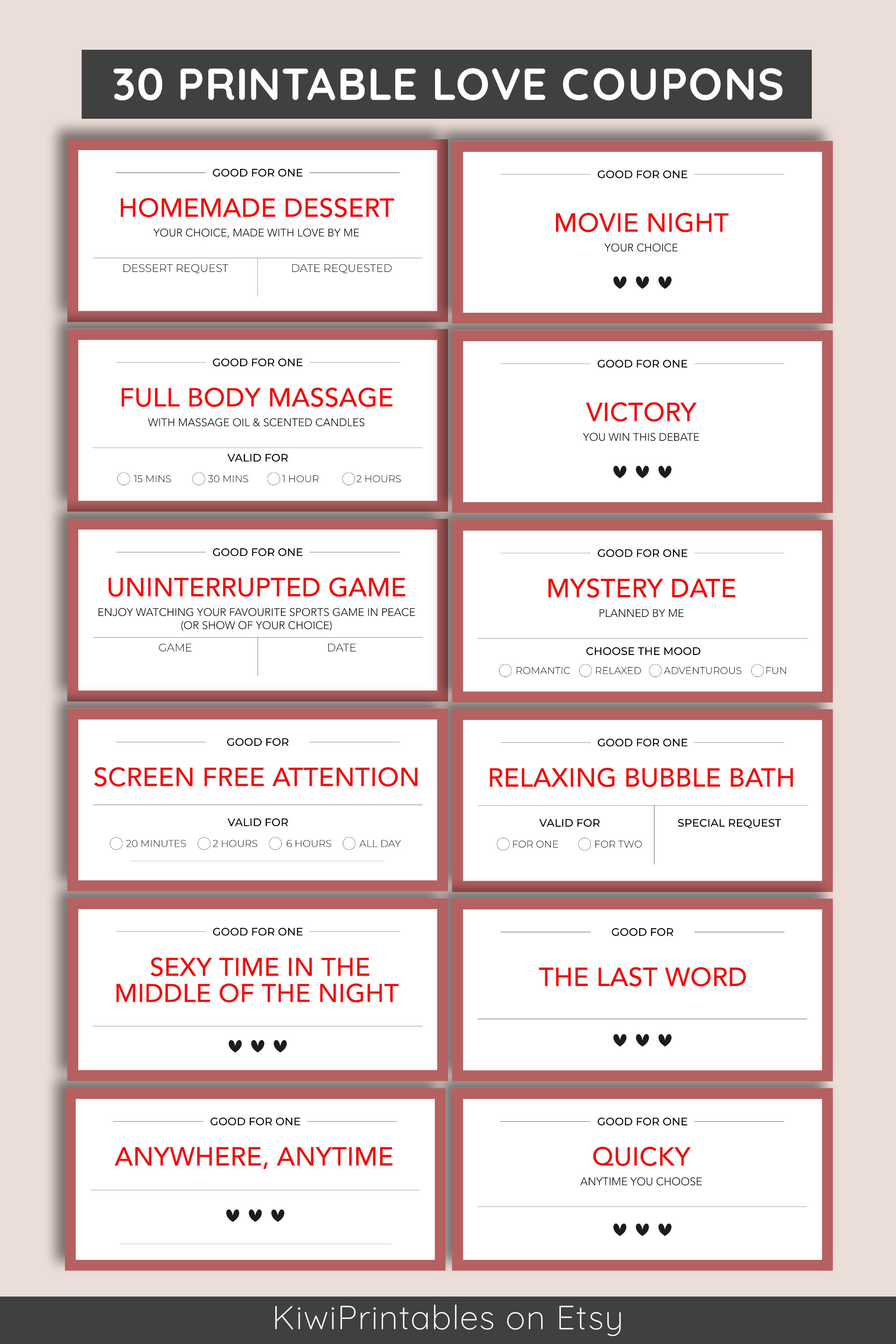 30 Fun Love Coupon Book, Valentines Day Coupons, Love Coupons, Gift for ...