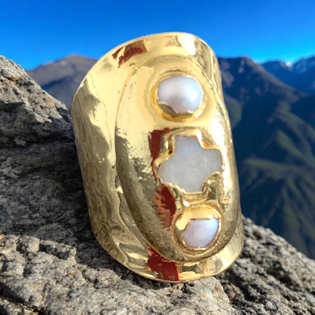 Chapel Pearl and Irregular Cross Cuff Ring. Gold, Adjustable. - Etsy