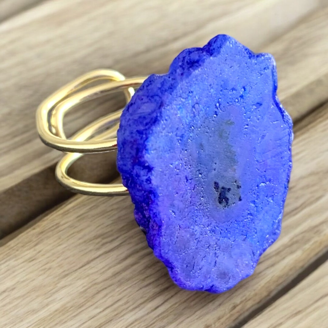 Blue Violet Quartz Slab Ring, Gold - Etsy