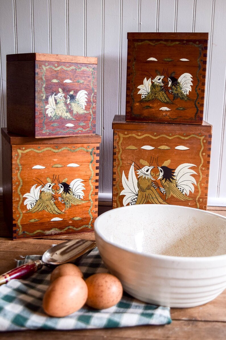 Midcentury Wooden Rooster Kitchen Canisters Dove Tailed Set of 4 - Etsy