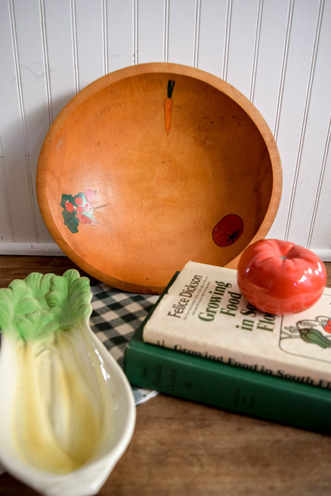 Vintage Wooden Dough Bowl With Hand Painted Vegetables Etsy
