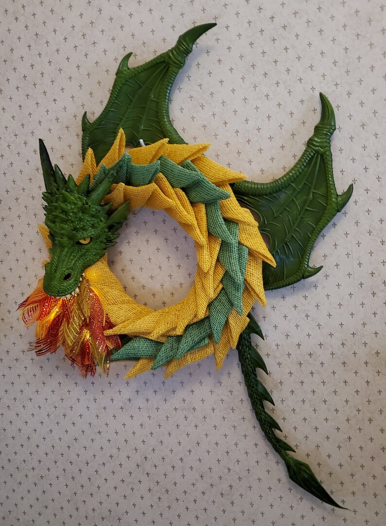 Light up Dragon Wreath Large Green and Yellow, With Wings, Mask, Tail ...