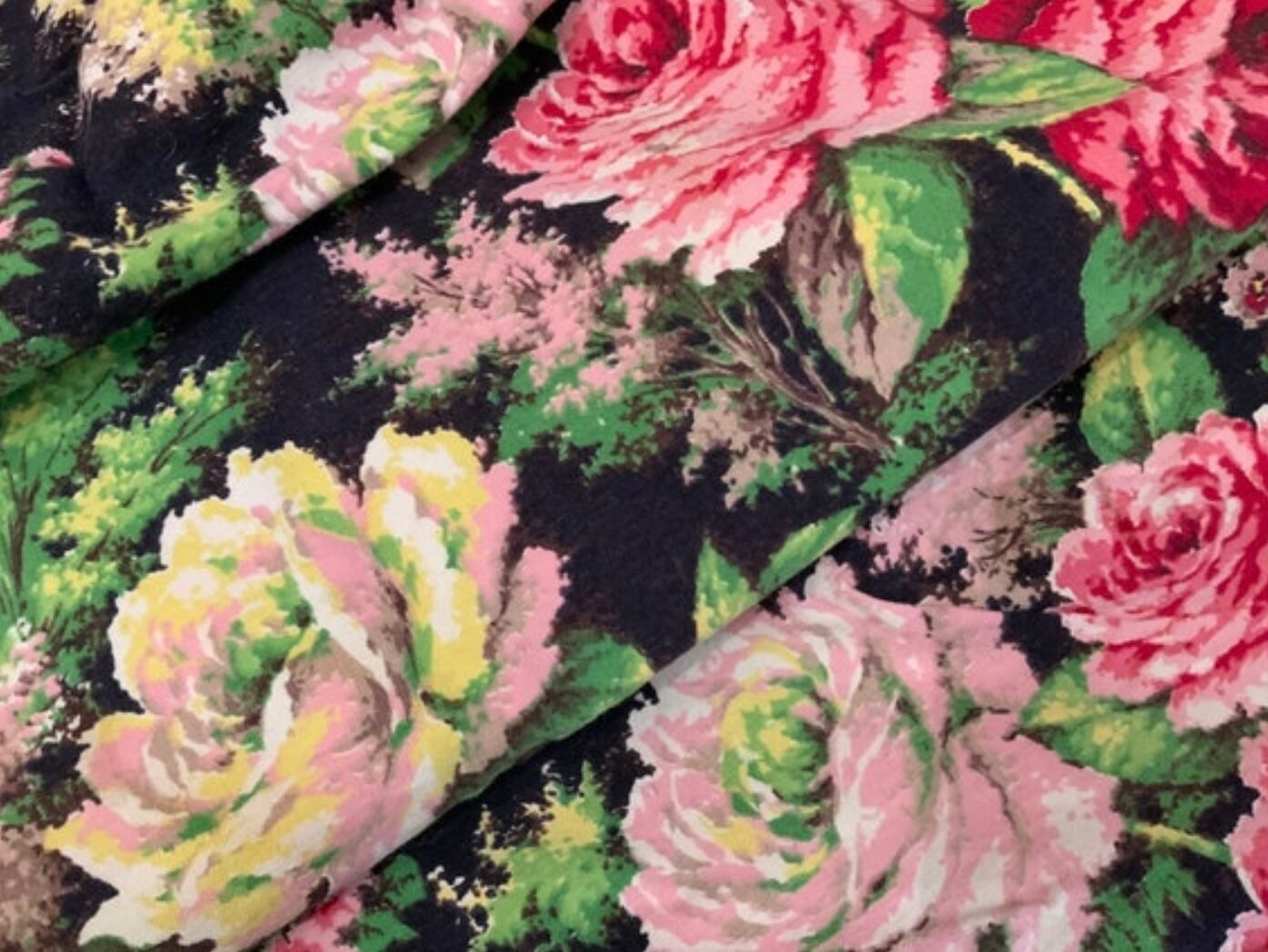 Vintage French Marignan Bold Roses Cotton Fabric, Black Rose Garden, Mid Century Cabbage Roses ...