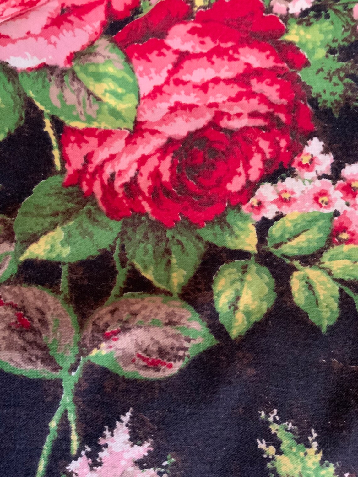 Vintage French Marignan Bold Roses Cotton Fabric, Black Rose Garden, Mid Century Cabbage Roses ...
