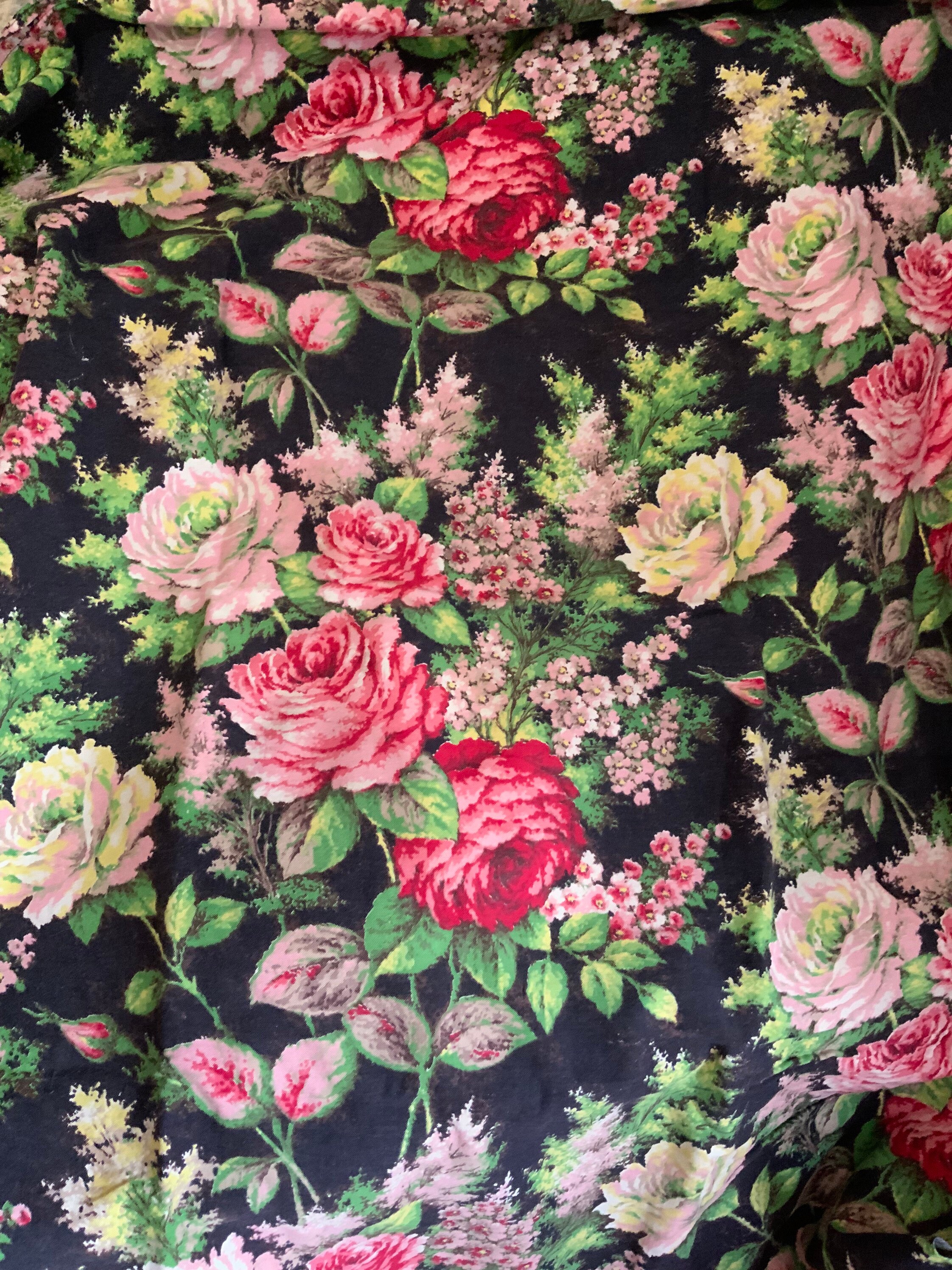Vintage French Marignan Bold Roses Cotton Fabric, Black Rose Garden ...