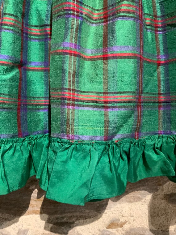 French Vintage Girls Silk Tartan Skirt Green Checker Gem