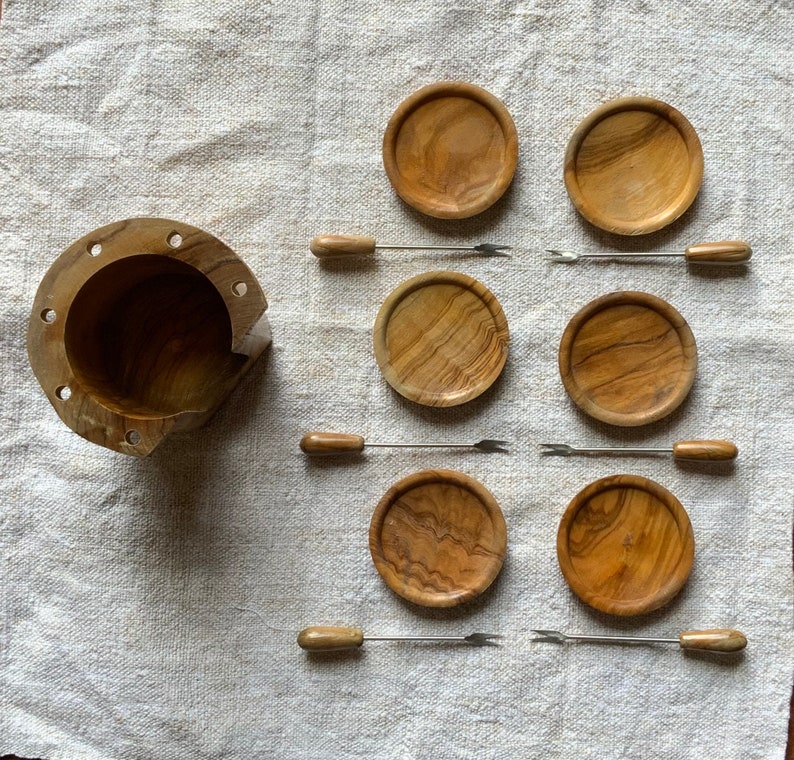1950s Set of Wooden Cocktail Forks and Coasters, Vintage French Bar ...