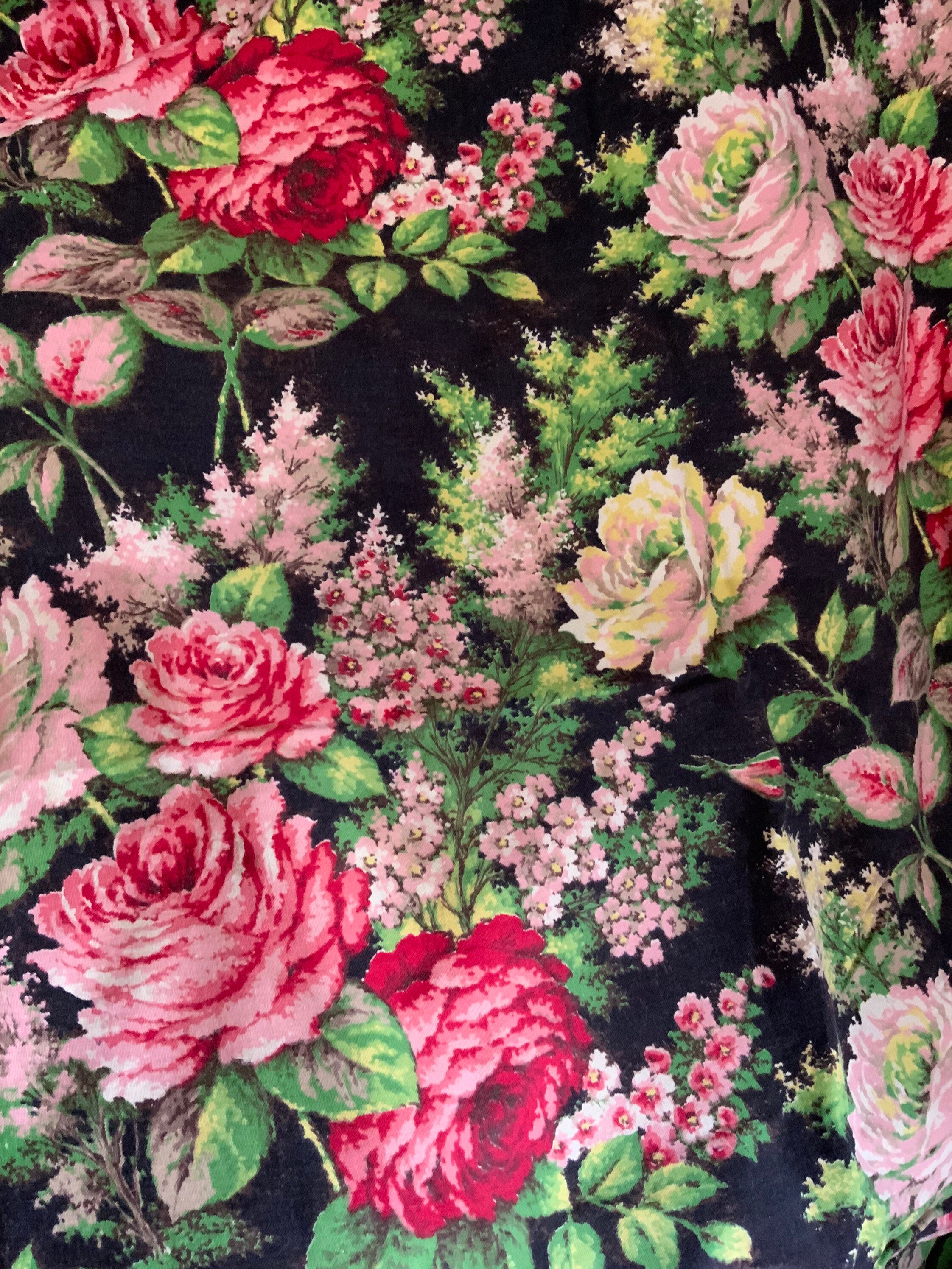 Vintage French Marignan Bold Roses Cotton Fabric, Black Rose Garden, Mid Century Cabbage Roses ...
