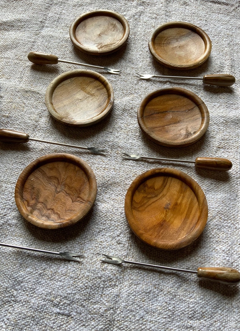 1950s Set of Wooden Cocktail Forks and Coasters, Vintage French Bar ...