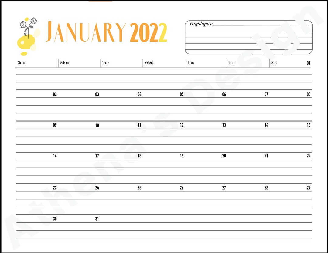 2022 Lined Monthly Calendar | Jan 2022 | 8.5" by 11" |US Letter ...