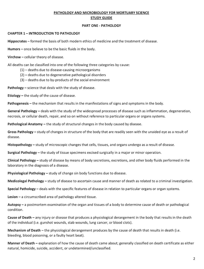 Study Guide | Pathology and Microbiology for Mortuary Science - Etsy