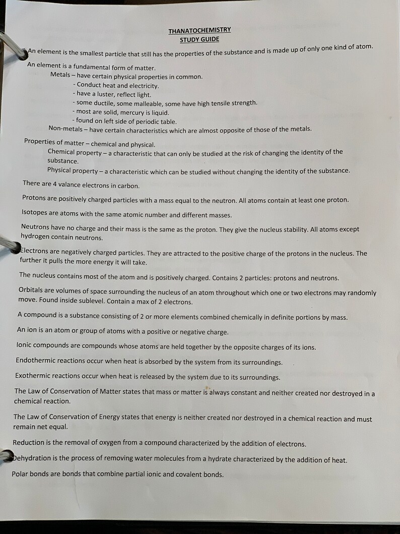 Study Guide | Thanatochemistry | Chemistry for Funeral Service - Etsy