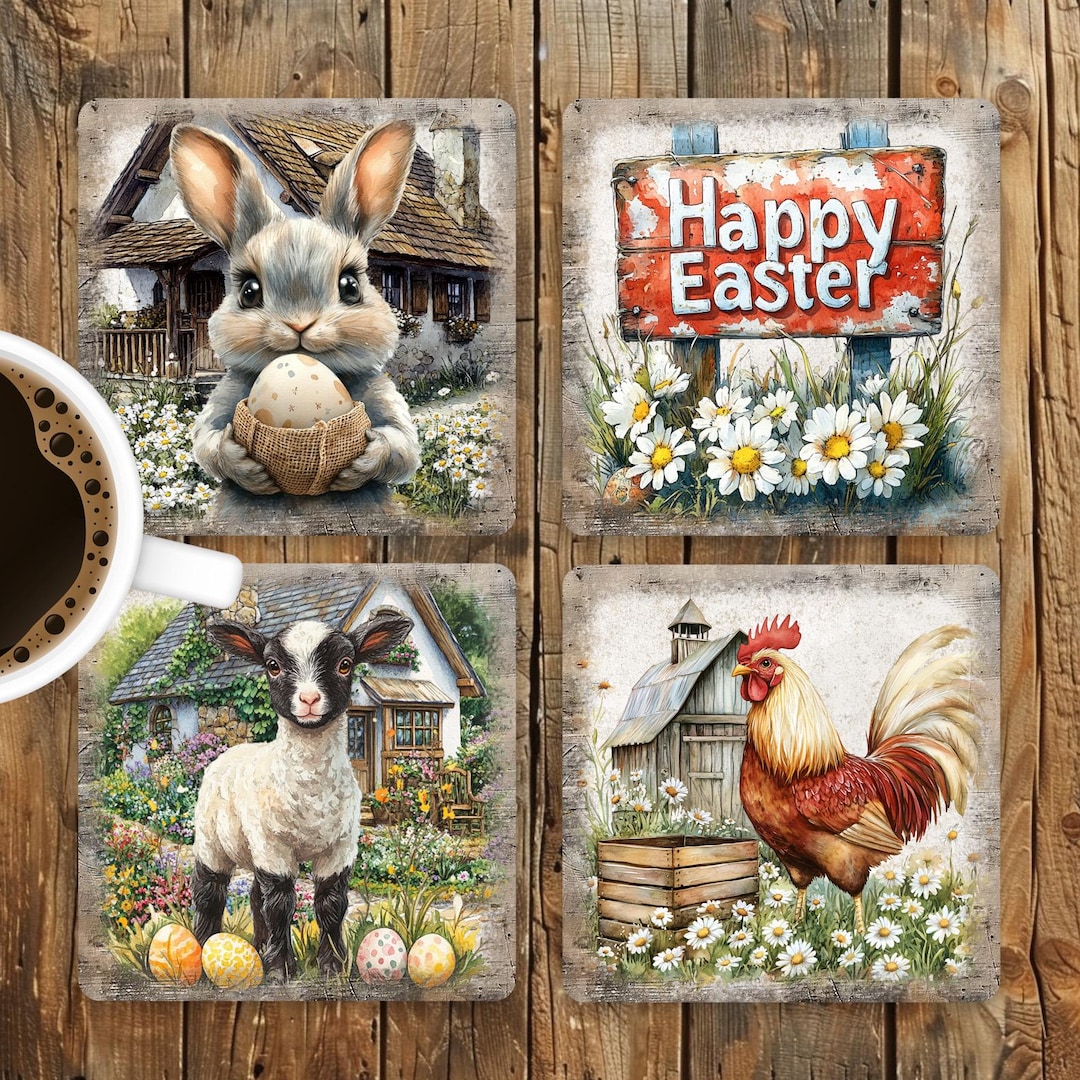Happy Easter Farm Square Coaster Sublimation Design, 4x4 Spring Coaster ...