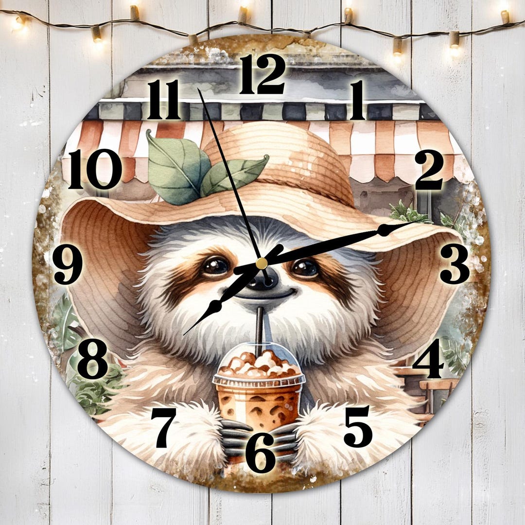 Cute Sloth Clock Sublimation Design, Coffee Lover Sloth Clock Face PNG ...