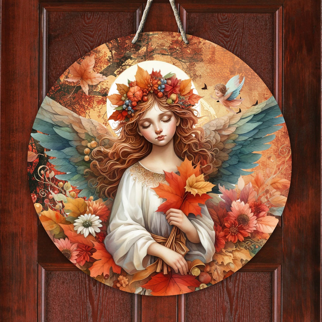 Autumn Angel Round Door Hanger Png, Angel Door Hanger Sublimation, Fall ...