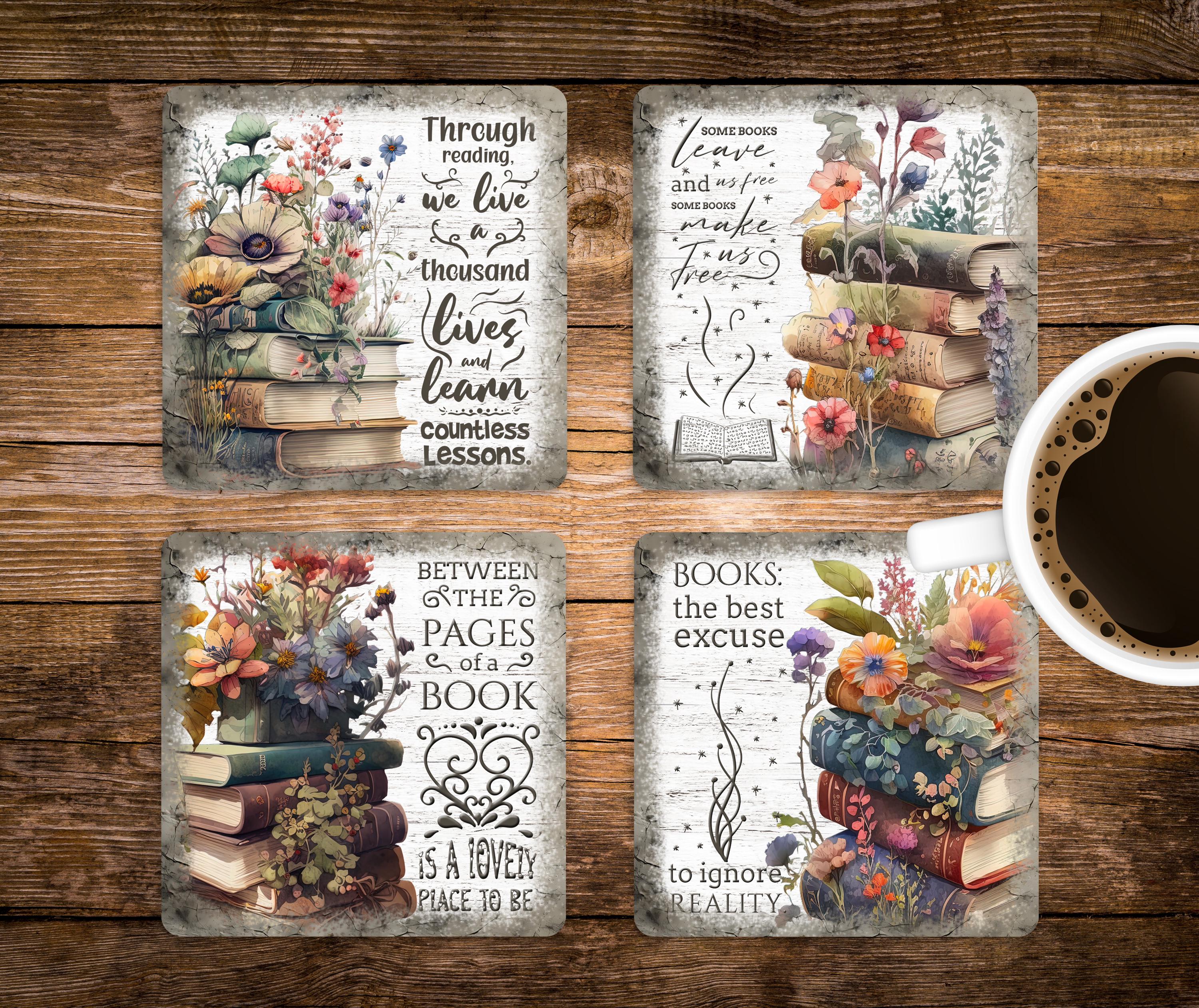Floral Books Square Coaster Sublimation Design, Reading Quotes Coasters ...