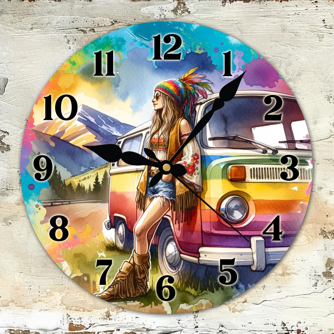Boho Girl Clock Sublimation Design, Traveller Hippie Girl Clock Face ...
