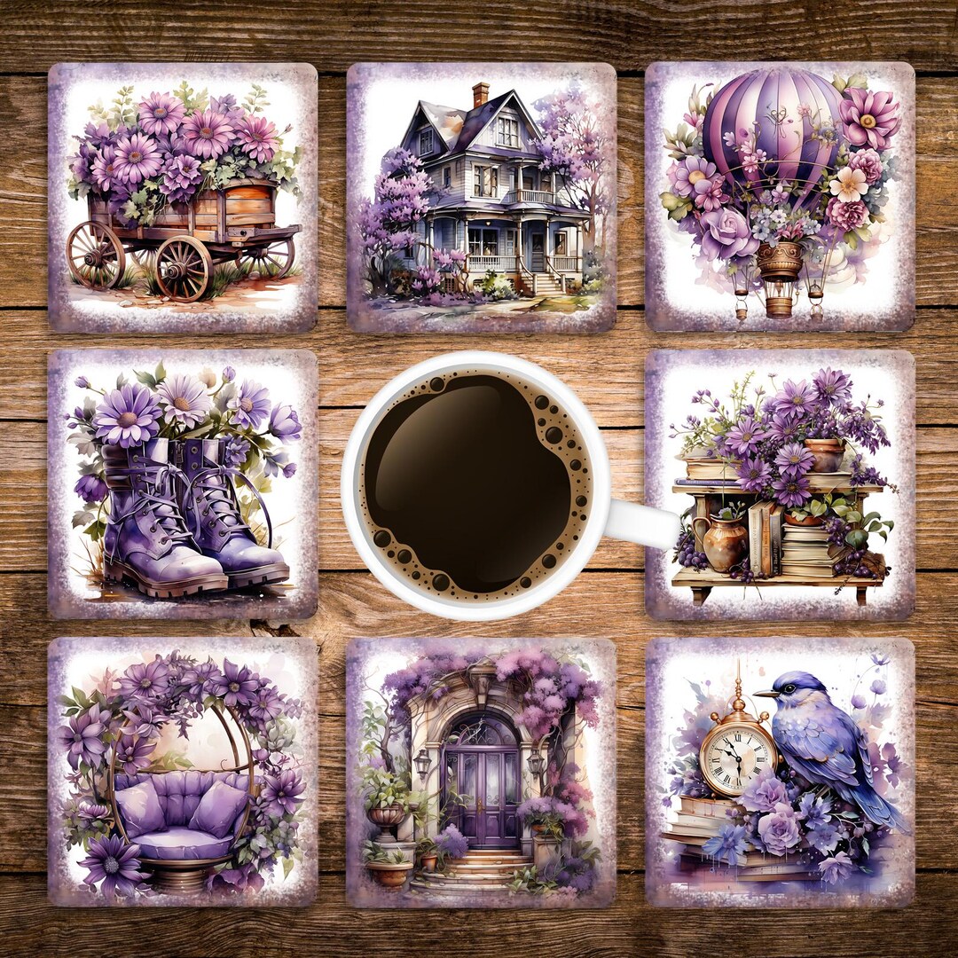 Rustic Purple Spring Square Coaster Set Sublimation Designs, Purple ...