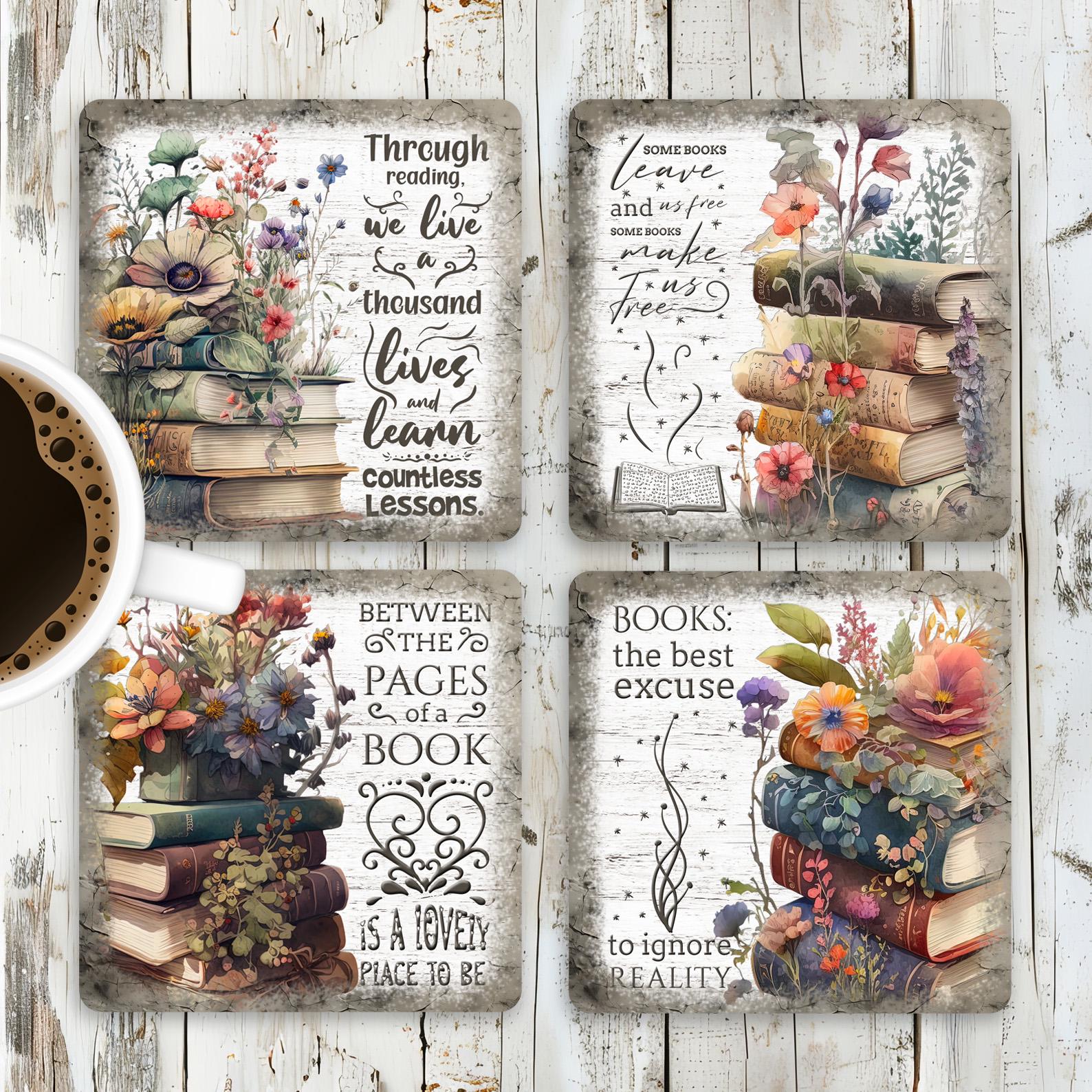 Floral Books Square Coaster Sublimation Design, Reading Quotes Coasters ...