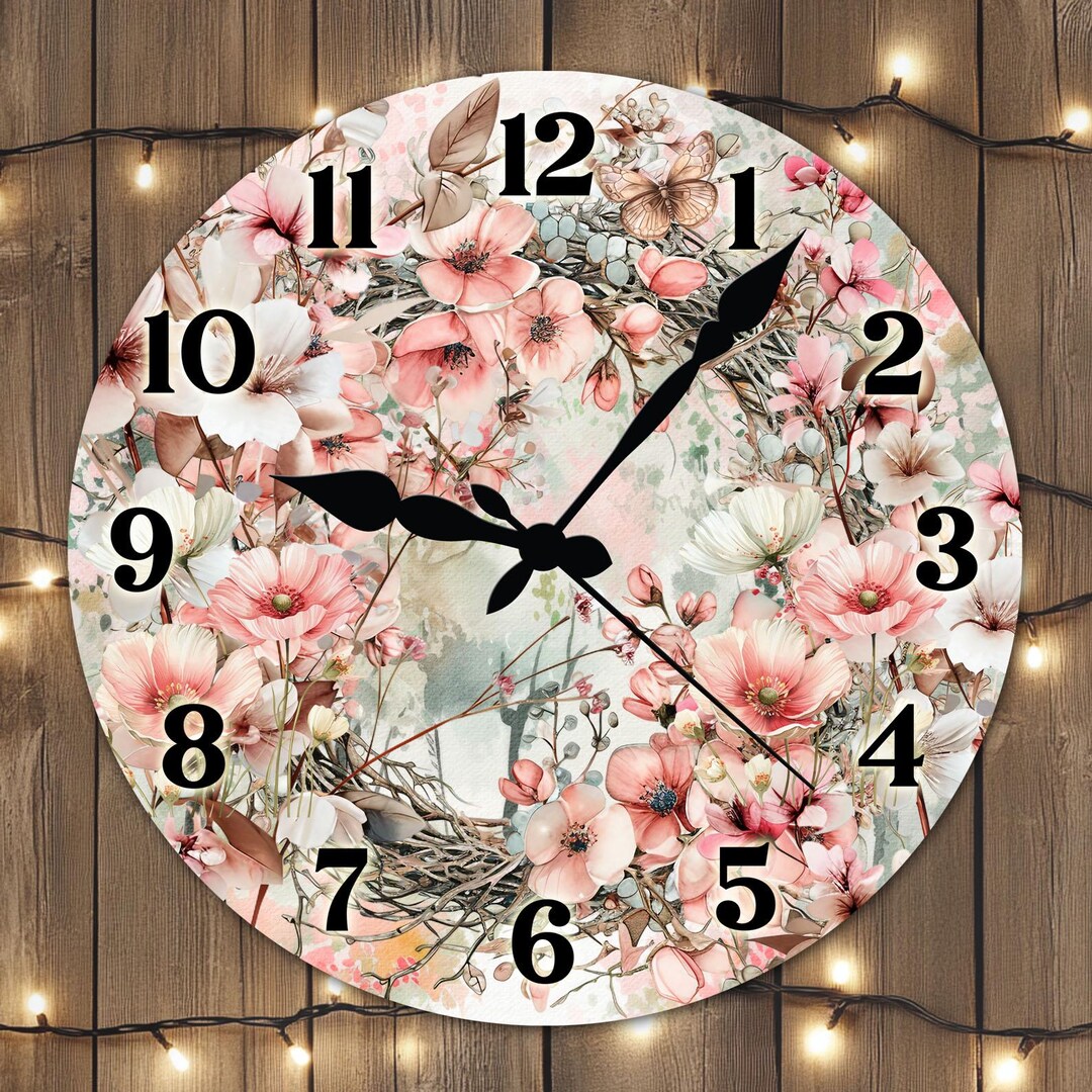 Flower Wreath Clock Sublimation Design, Pastel Floral Clock Face PNG ...