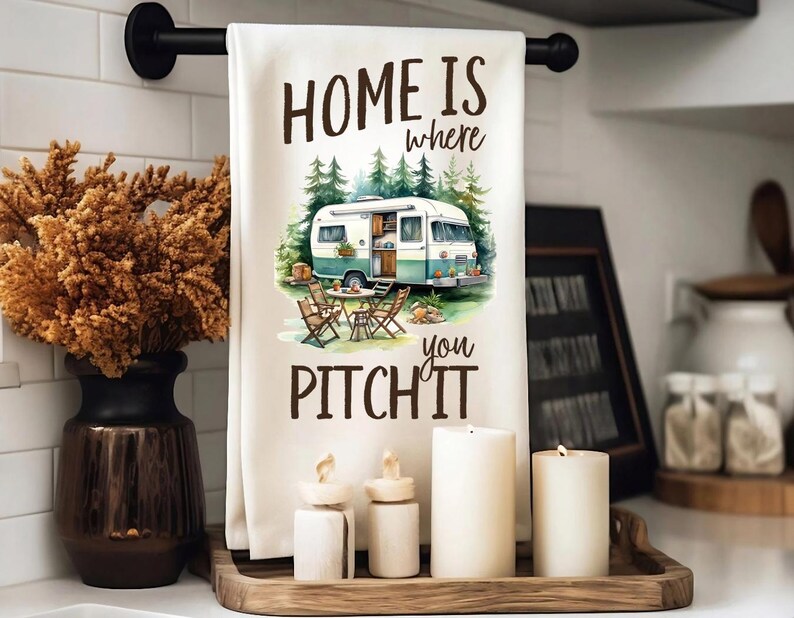 Camping Kitchen Towel Sublimation Design, Adventure Kitchen Quote Tea ...
