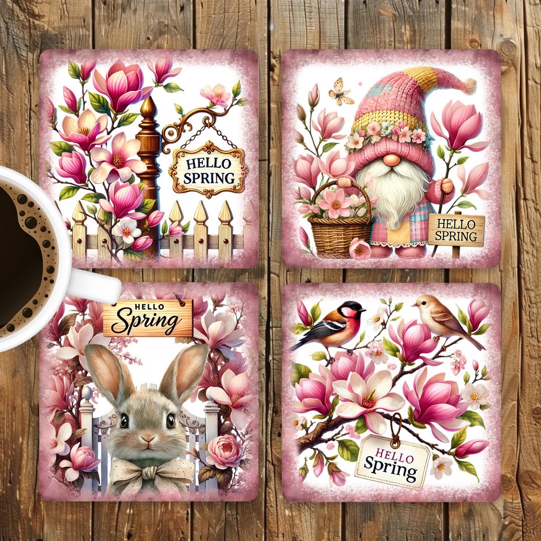 Hello Spring Square Coaster Sublimation Design, Magnolia Spring Coaster ...