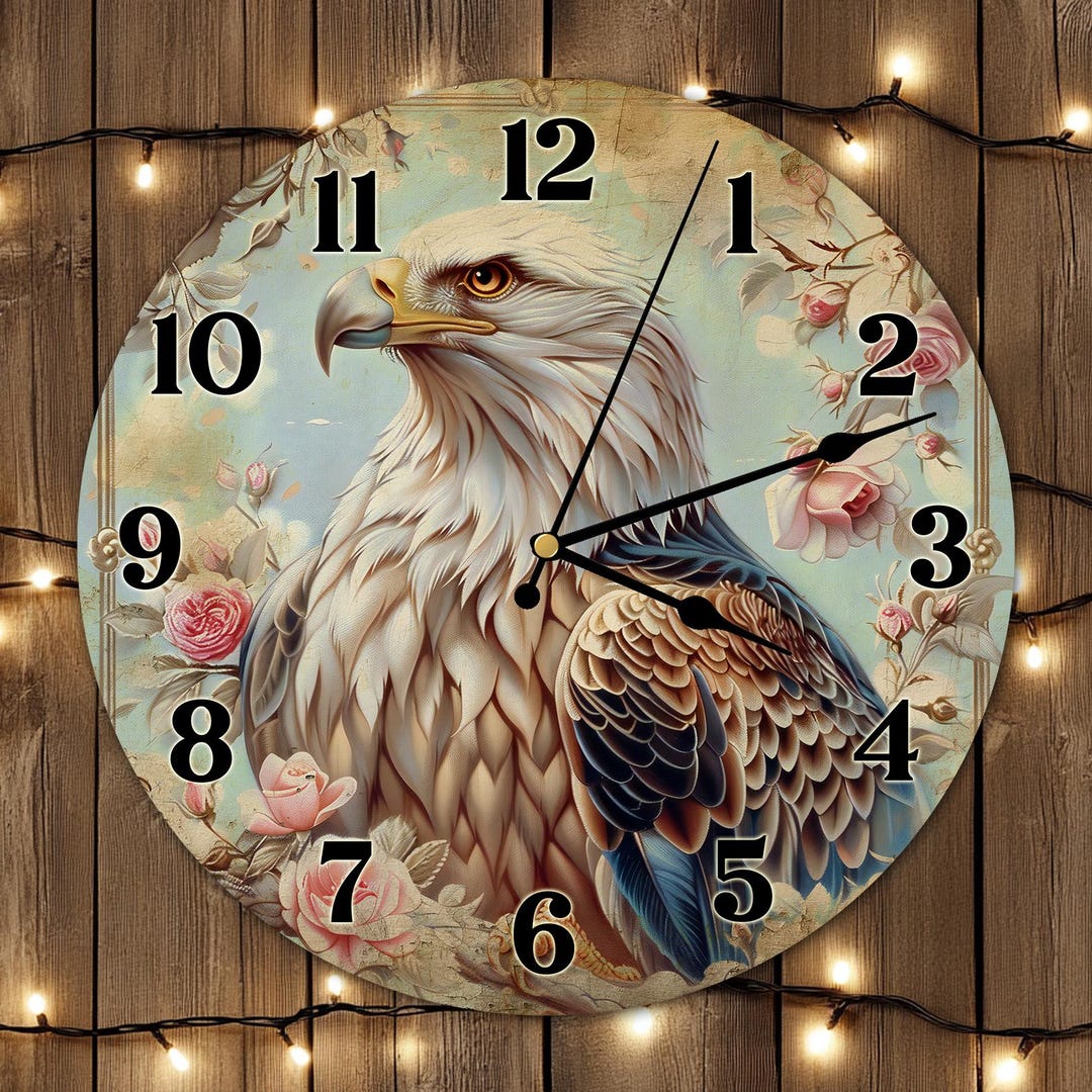 Bald Eagle Clock Sublimation Design, American Eagle Clock Face PNG, Vintage Floral Wall Decor ...