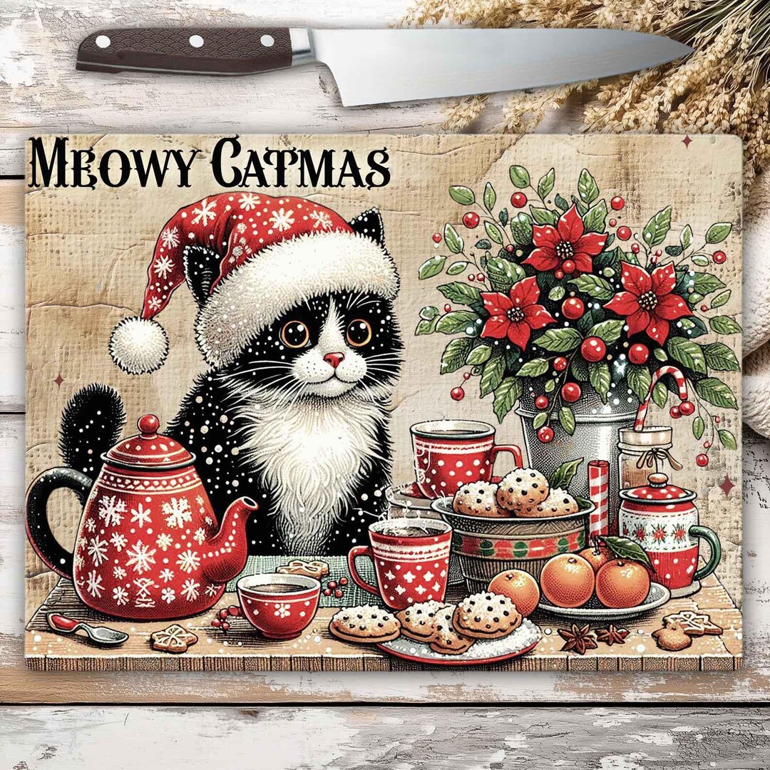 Christmas Cat Cutting Board Sublimation Design, Catmas Chopping Board ...
