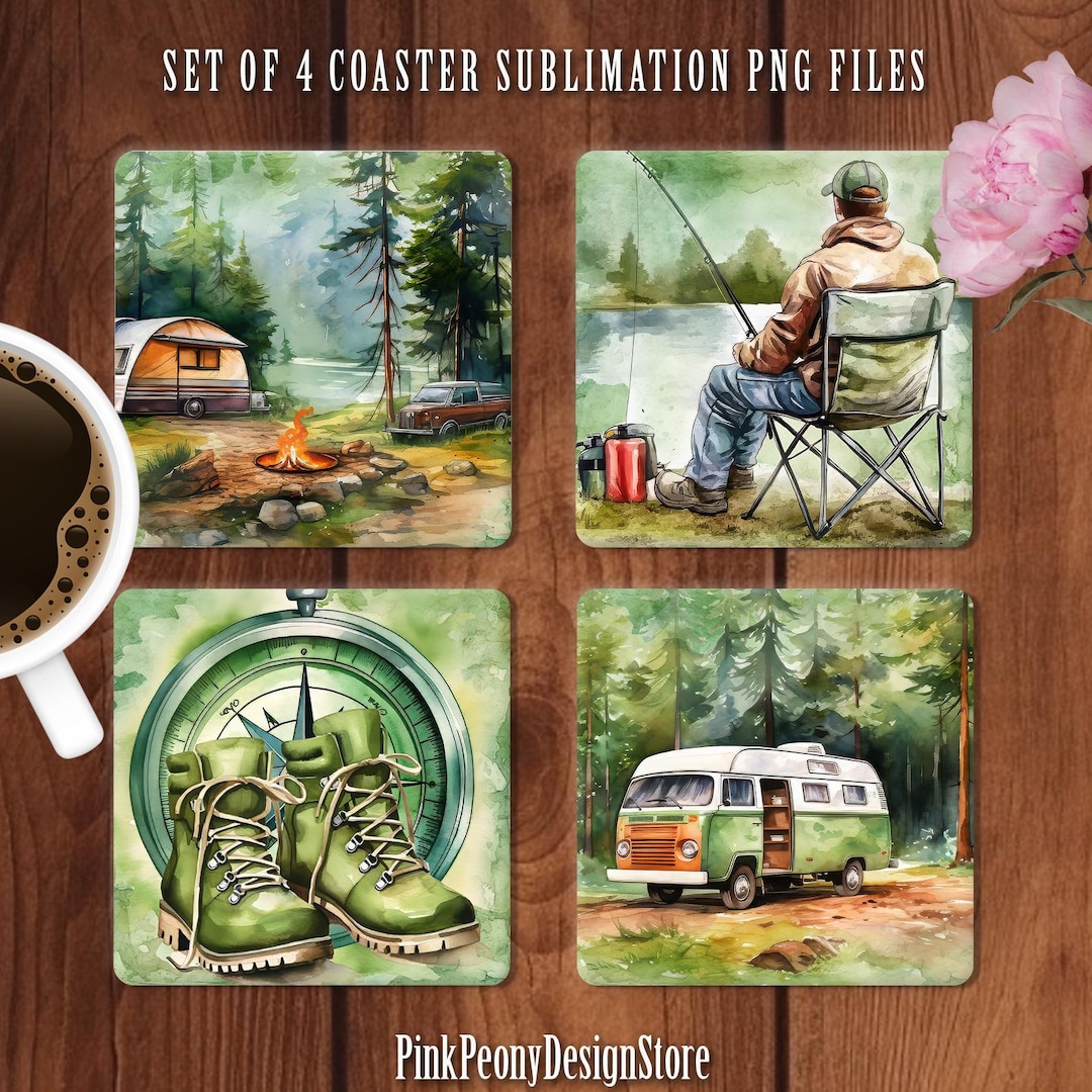 Camping Square Coaster Sublimation Design, Lake Life Coaster PNG ...