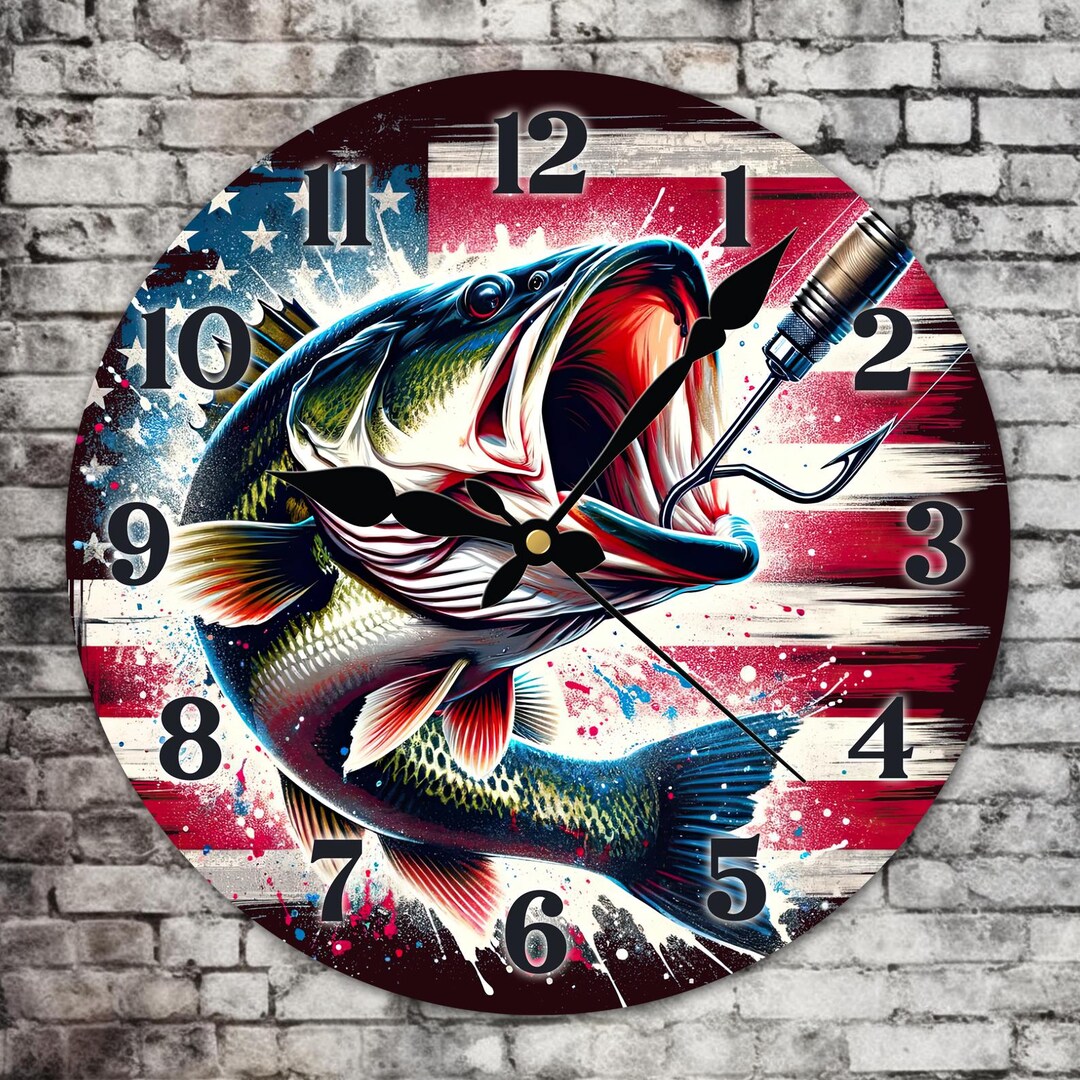 Patriotic Fishing Clock Sublimation Design, American Bass Clock Face ...