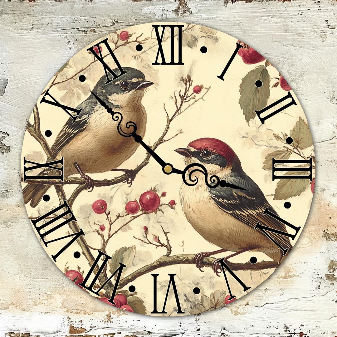 Rustic Bird Couple Clock Sublimation Design, Birds and Flowers Clock ...