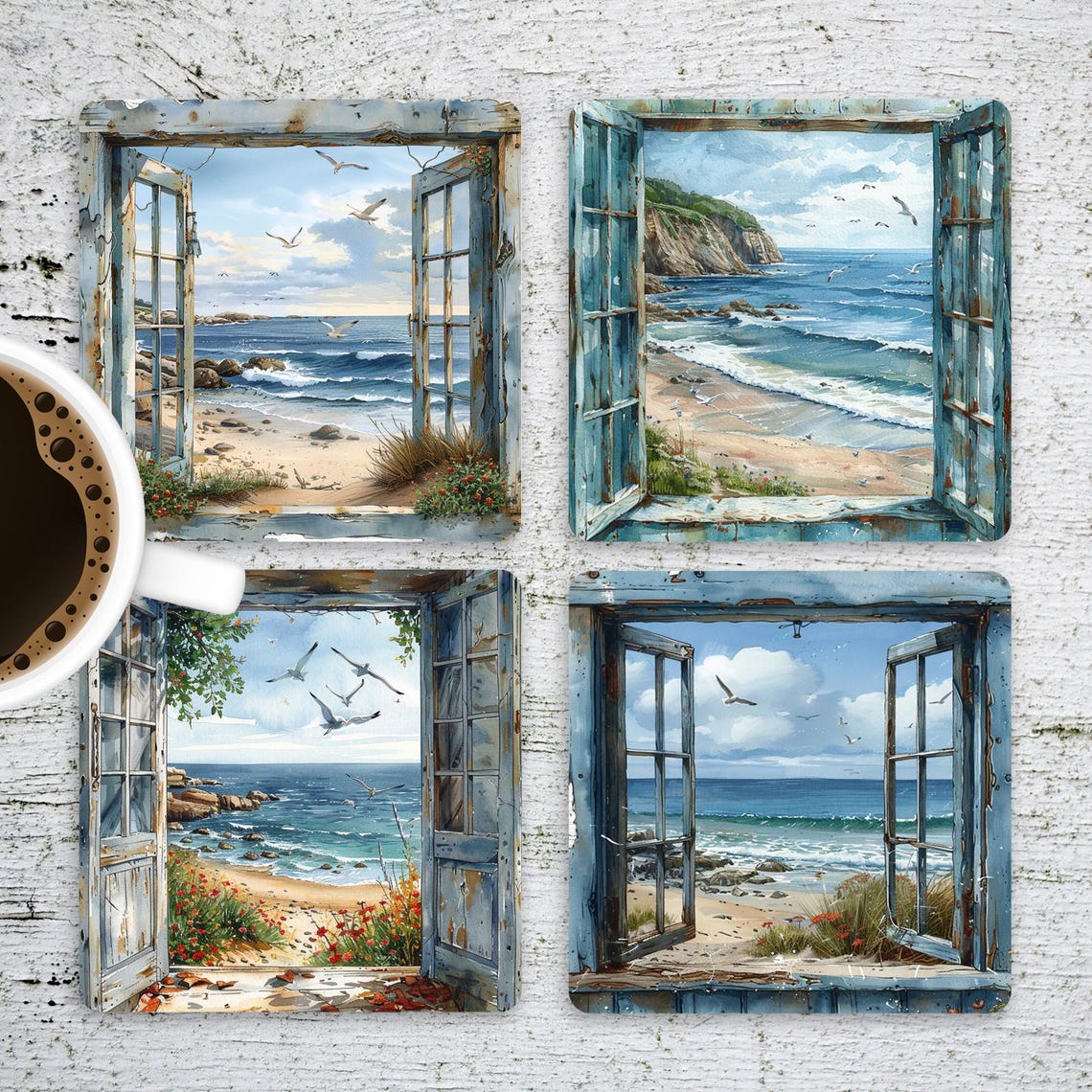 Beach Window Square Coaster Sublimation Design, Beach Life 4x4 Coaster ...
